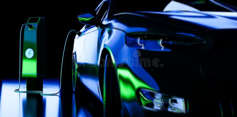 Charging an Electric Car with a Charger, Abstract Neon Lighting ...