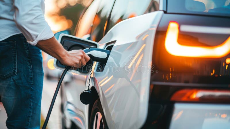 Charging an Electric Car at Dusk with Modern Led Tail Lights in Urban ...