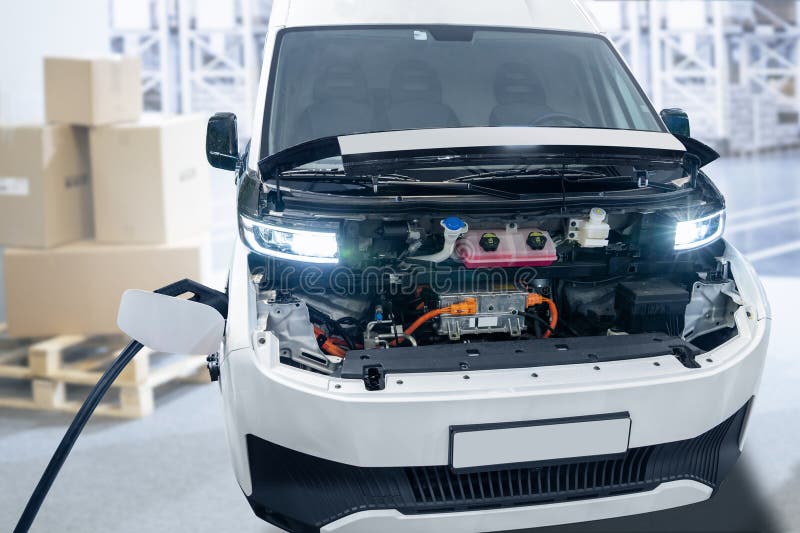 Charging Electric Van with Open Hood Stock Photo - Image of mobility ...