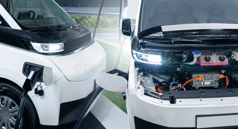Charging Electric Vans. One Van with Open Hood Stock Photo - Image of ...