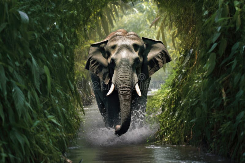 Charging Elephant Breaking through Dense Jungle Foliage Stock ...