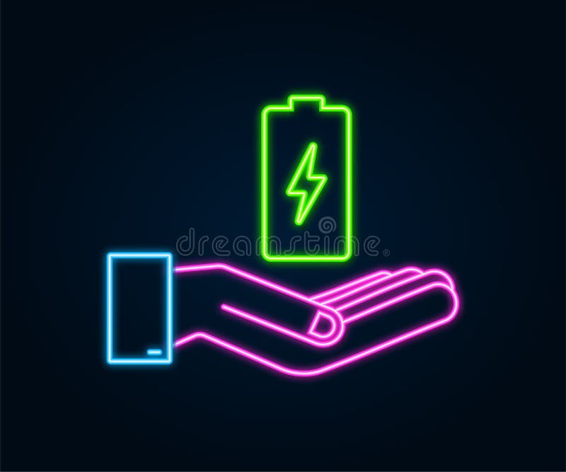 Charging Neon Battery with Hands. Set of Battery Charge Level ...