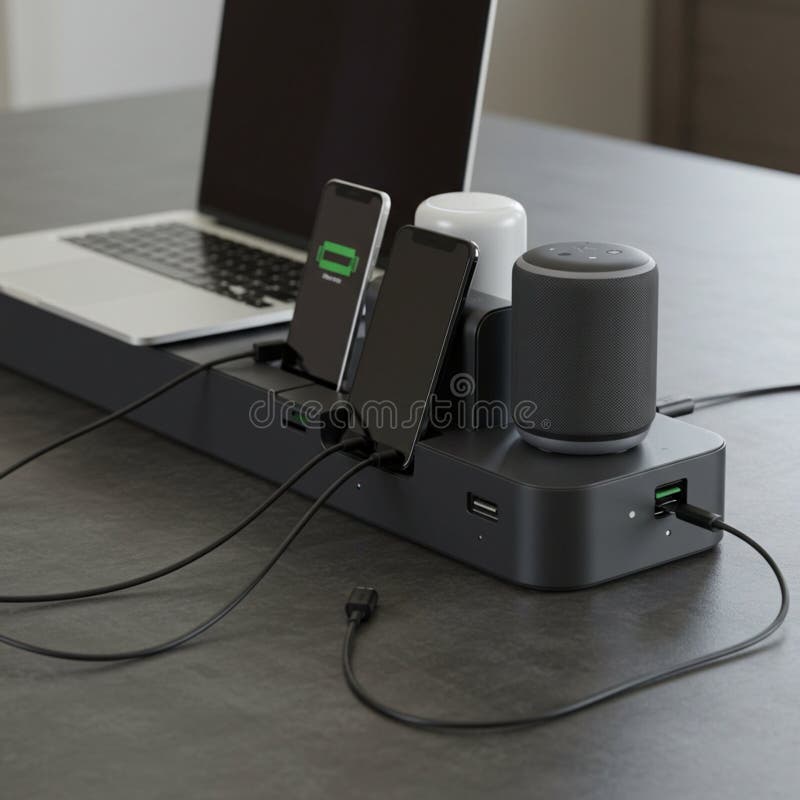 Charging Station on a Gray Surface Features Multiple Devices, Including ...