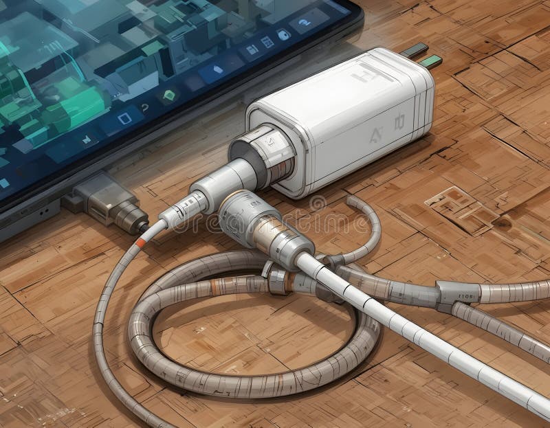 Charging Tablet on Wooden Surface with Cable and Power Adapter Stock ...