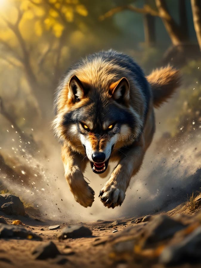 Charging Wolf in Forest at Sunset Dramatic Wildlife Image Stock ...