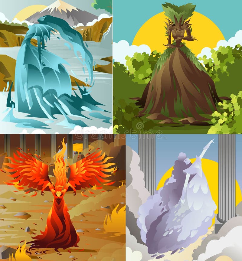 Four Elemental Titans in Their Element Stock Vector - Illustration of ...