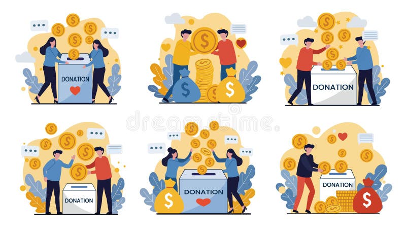 Charitable Donations and Money Giving Vector Illustration Set Stock ...