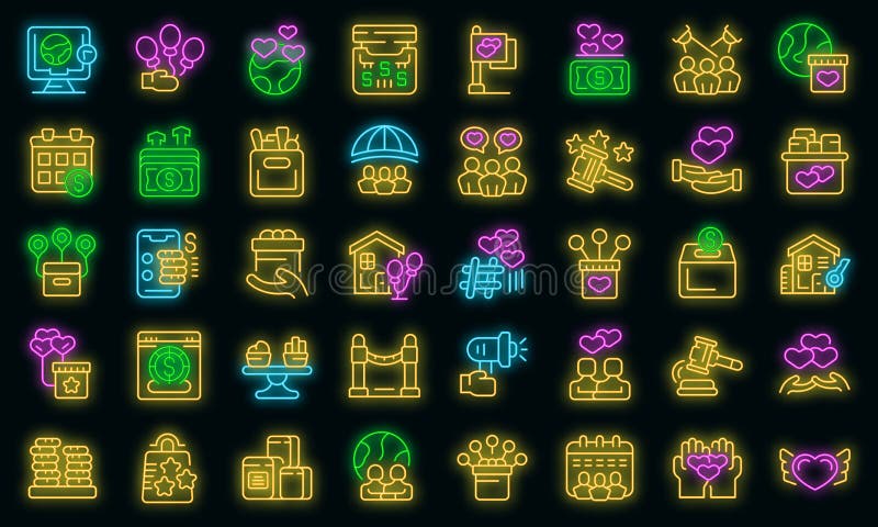 Charity Event Icons Set Outline Vector. Help Volunteer Vector Neon ...
