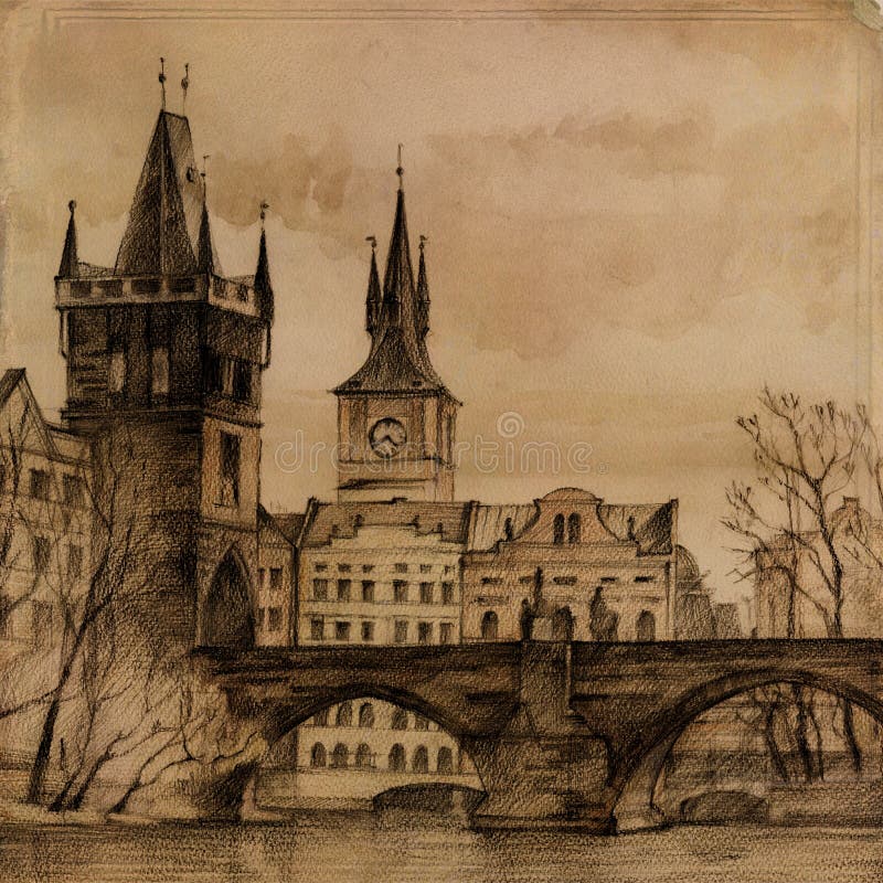 Charles Bridge in art stock illustration. Illustration of built - 10216080