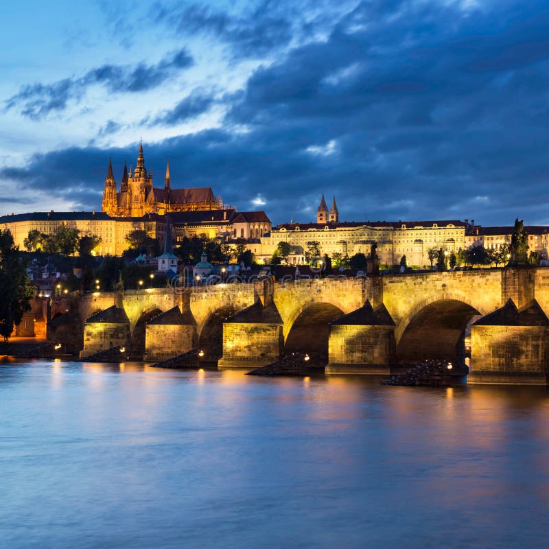 Charles Bridge at night stock image. Image of reflection - 33935839