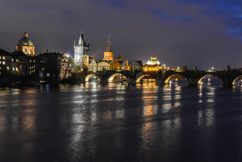 Charles bridge at night stock photo. Image of river - 184437918