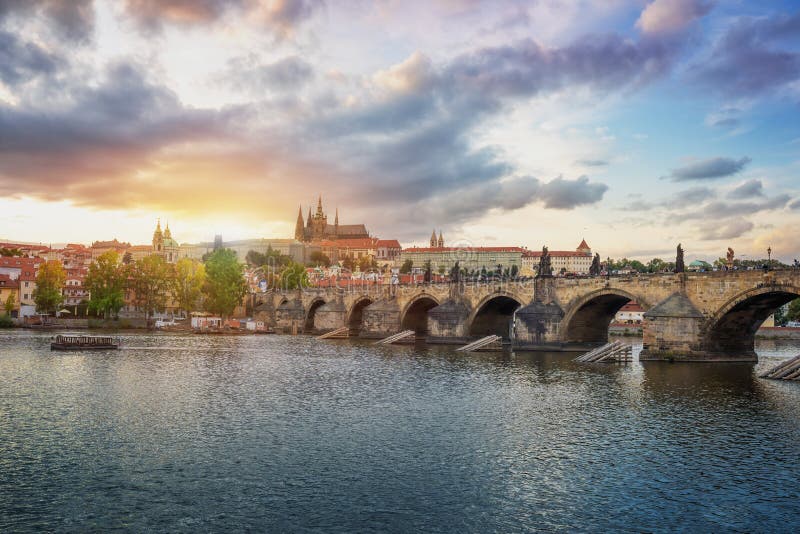 Charles Bridge and Prague Castle Skyline at Sunset - Prague, Czech ...