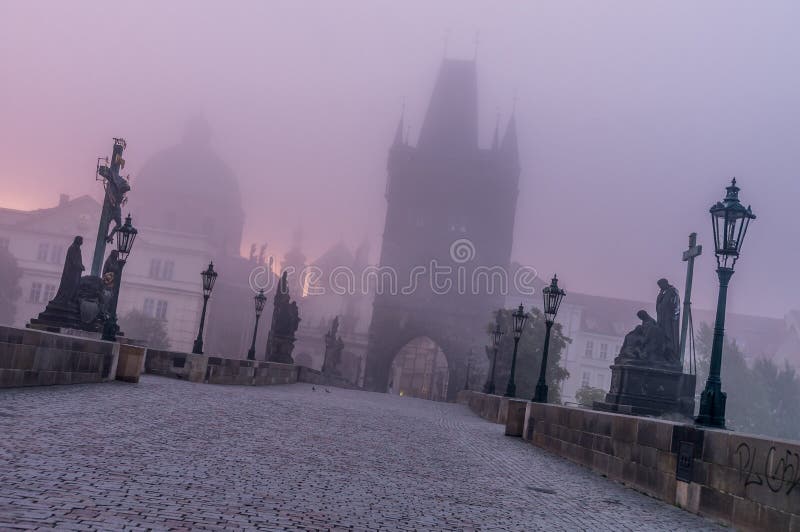 Charles Bridge in Prague at Morning in Fog Stock Photo - Image of ...
