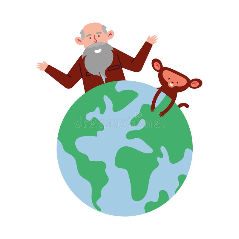 Charles Darwin with a Monkey on Top of the World Stock Illustration ...