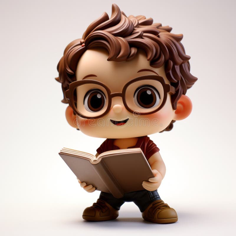 Charming 3d Rendering of a Boy Reading Book with Caricature Style Stock ...