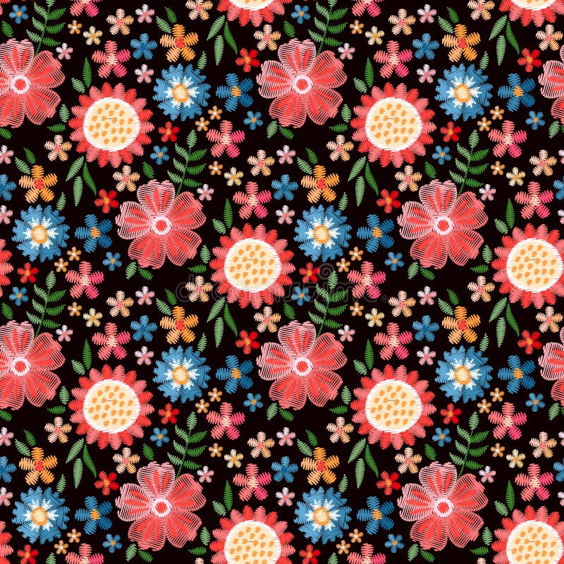 Charming Abstract Flowers Embroidered on a Black Background. Seamless ...