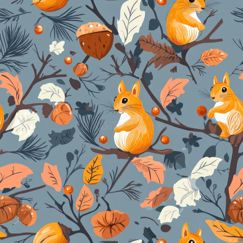 A Charming Acorn and Squirrel Pattern with Fluffy-tailed Creatures ...