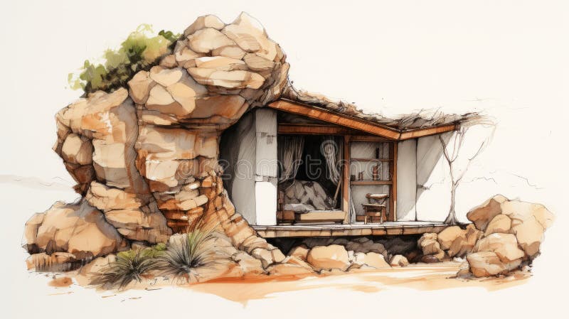 Charming Adventure-themed Sketch of a Rock House with Cave Stock ...