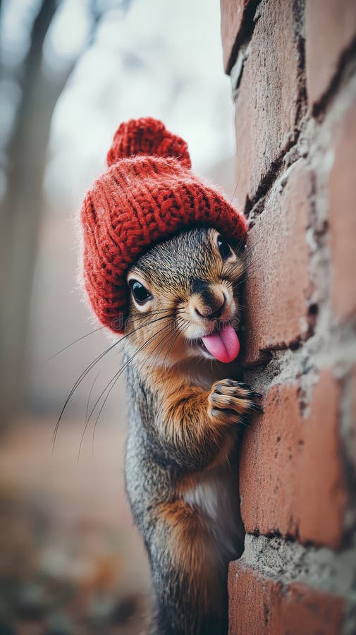 Playful Squirrel Wearing a Red Knitted Hat Peeking from a Brick Wall ...