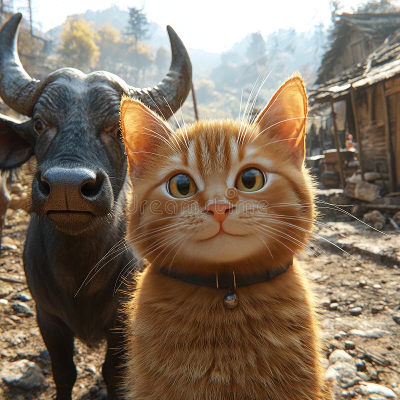 Cute Ginger Cat and Buffalo Together in Rustic Outdoor Setting Stock ...