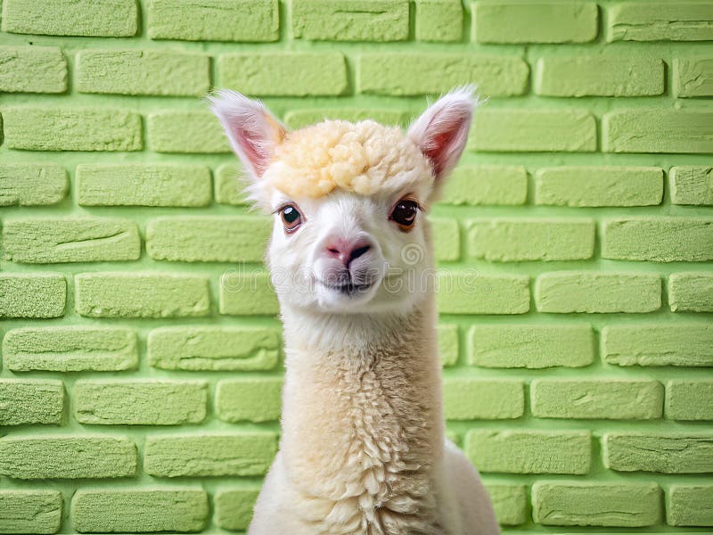Charming Alpaca Portrait Against Vibrant Green Brick Wall Stock ...