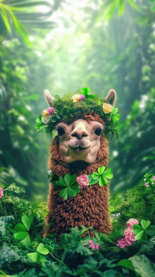 Charming Alpaca Wearing Flower Crown in Lush Forest Setting. Happy St ...
