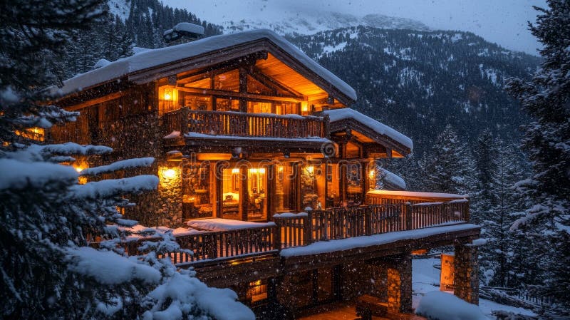 Charming Alpine Chalet with Warm Lights, Snowfall, and Skis on the Deck ...