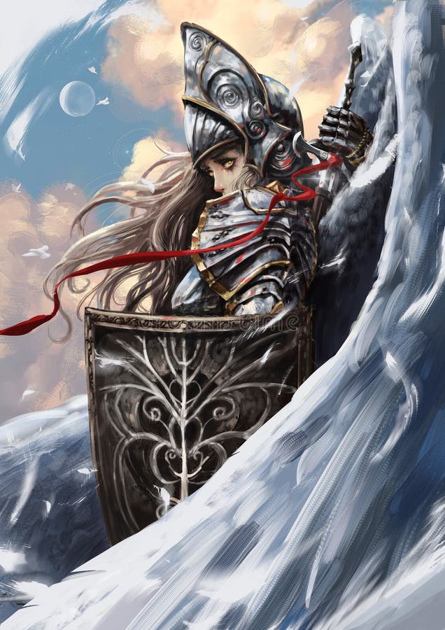 A Charming Angel Girl in Plate Armor with a Huge Patterned Shield and ...