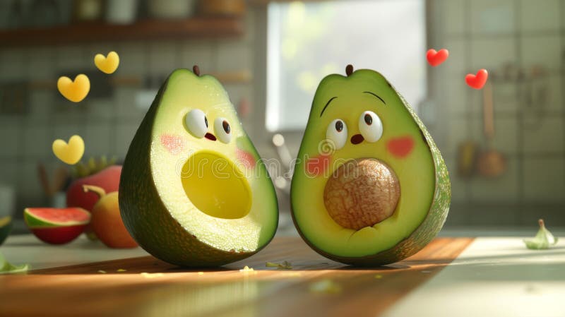 Charming Animated Avocado Pair with Blushing Expressions Stock Image ...