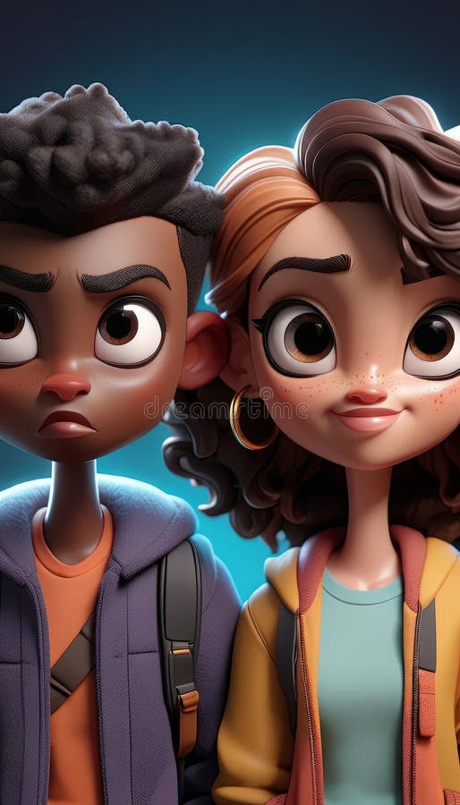 Charming Animated Characters with Expressive Faces and Curls Stock ...