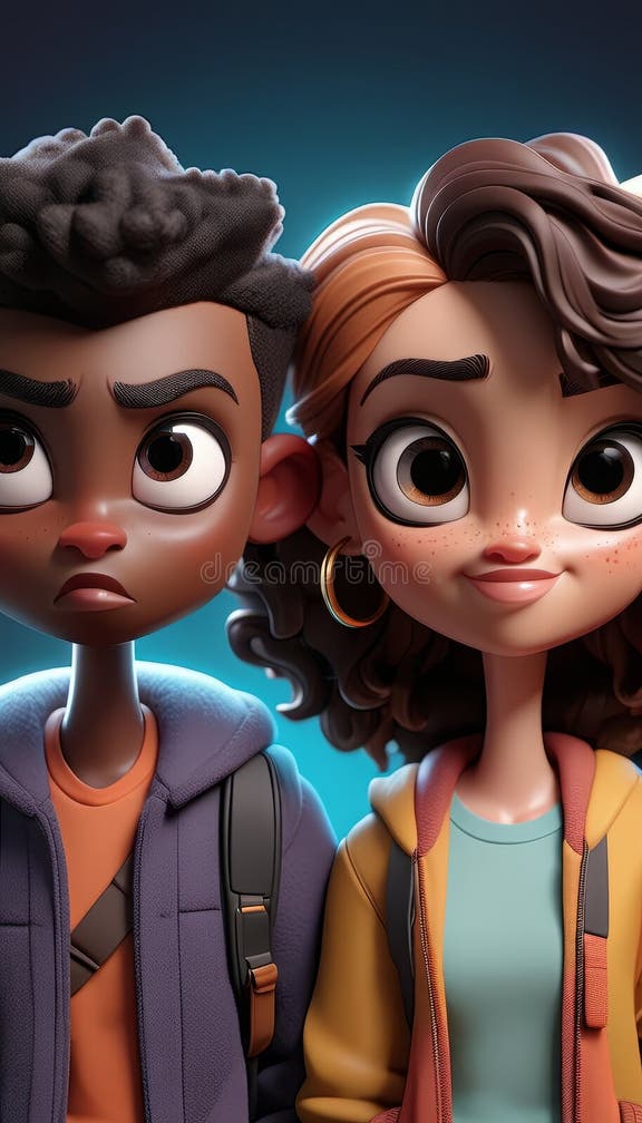 Charming Animated Characters with Expressive Faces and Curls Stock ...