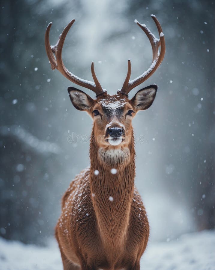 Charming Animated Deer in Winter Attire with Snowfall. Stock ...