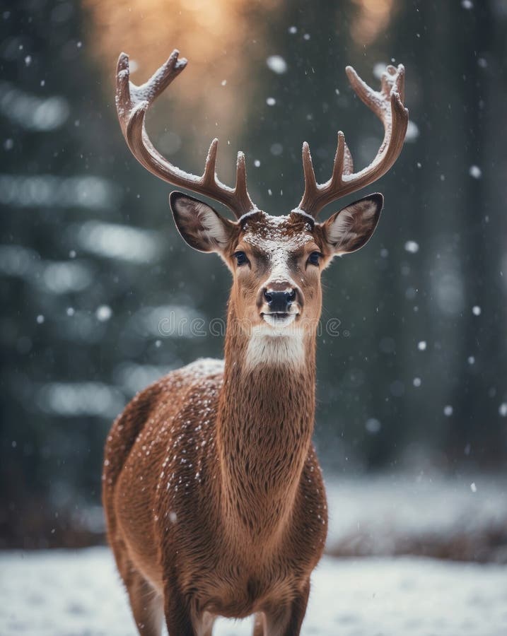 Charming Animated Deer in Winter Attire with Snowfall. Stock ...