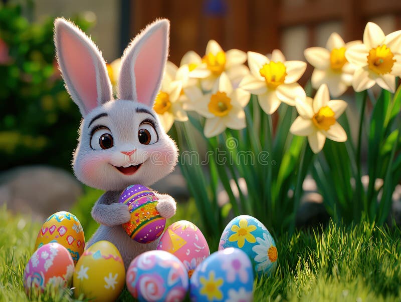 Charming Animation of a Bunny with Easter Eggs Surrounded by Flowers ...