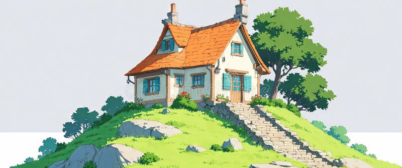 A Charming Anime Cottage Perched on Top of a Hill. Anime Style Stock ...
