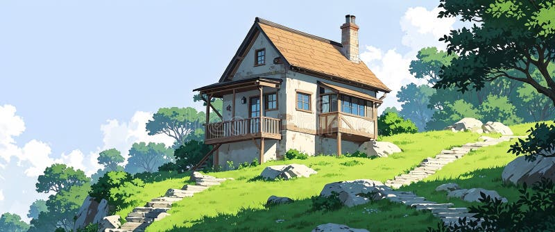 A Charming Anime Cottage Perched on Top of a Hill. Anime Style Stock ...