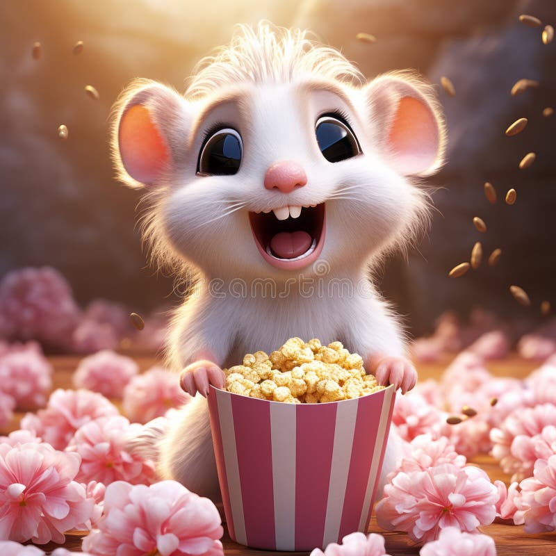 Charming Anime Mouse Surrounded by Pink Flowers and Popcorn Stock ...