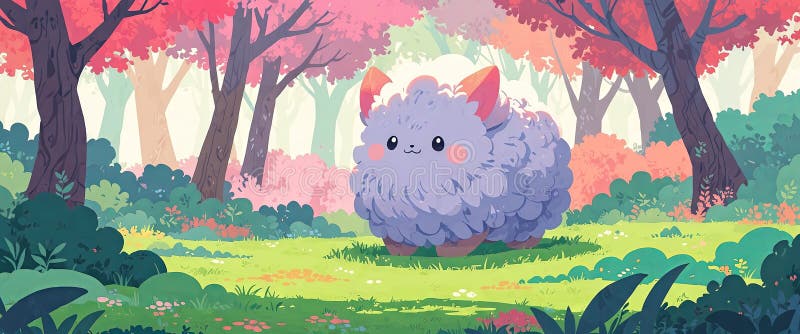 Charming Anime Style Fluffy Creature in a Vibrant Pastel-colored Forest ...