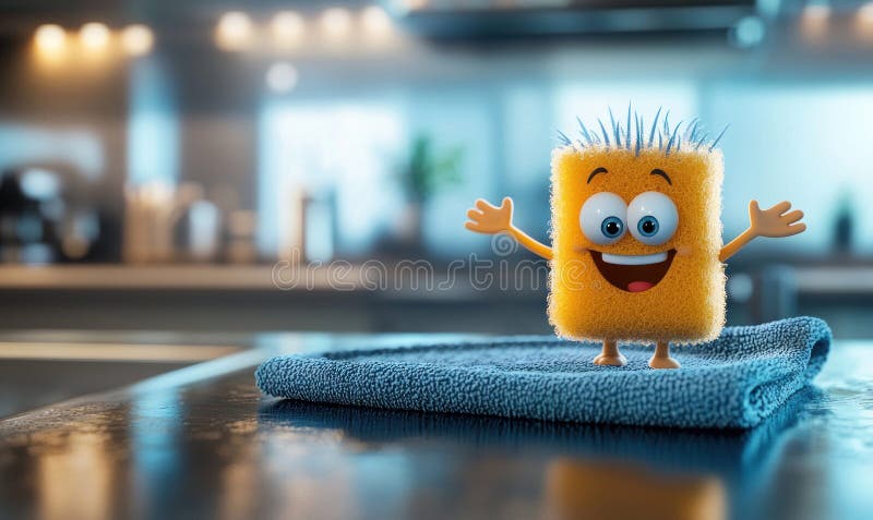 Cheerful Cartoon Sponge Smiles while Standing on a Cloth in a Gleaming ...