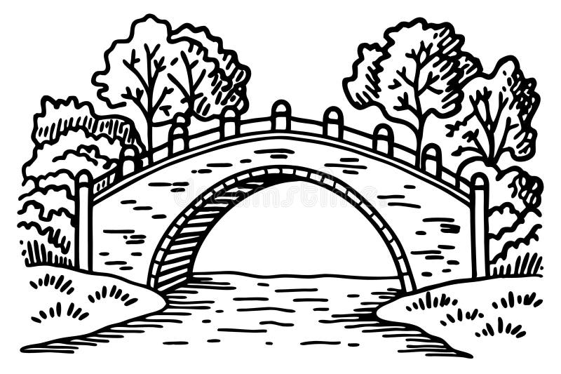 Charming Arched Bridge Over River in Nature Scene with Trees and Grass ...