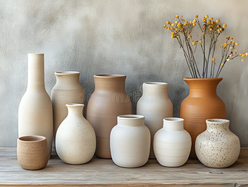 Charming Arrangement of Artisan Clay Pottery with Soft Earthy Tones on ...