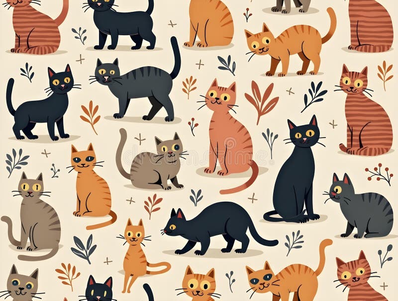 Charming Array of Stylized Cats in Various Poses and Colors Form a ...