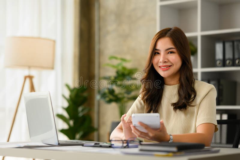 Charming Asian Female Accountant Working Bookkeeping Documents ...
