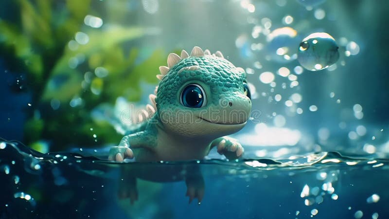 Charming Baby Dragon Floating in Water with Bubbles and Light Stock ...