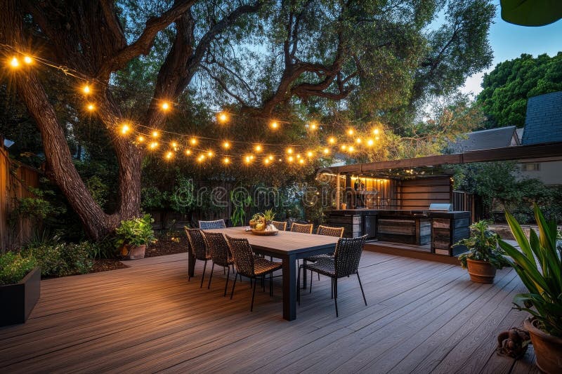 Charming Backyard Deck with String Lights and Dining Area for Cozy ...