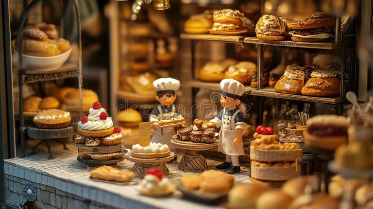 Charming Bakery Display with Miniature Pastry Chefs and Treats Stock ...