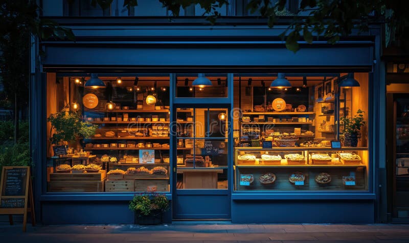 Charming Bakery Storefront Illuminated at Night Showcasing an Array of ...