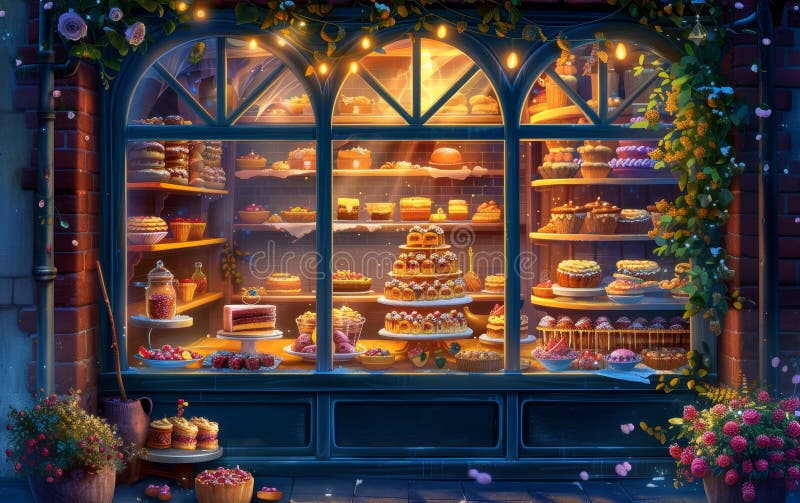 A Charming Bakery Window Showcasing an Array of Delicious Pastries and ...