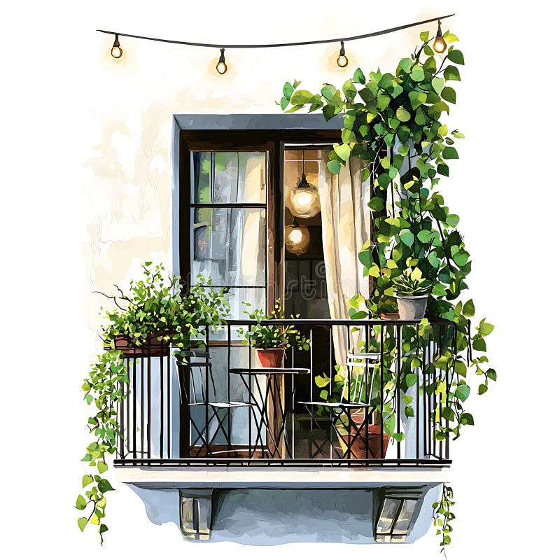 Charming Balcony with Plants String Lights and a Cozy Seating Area ...