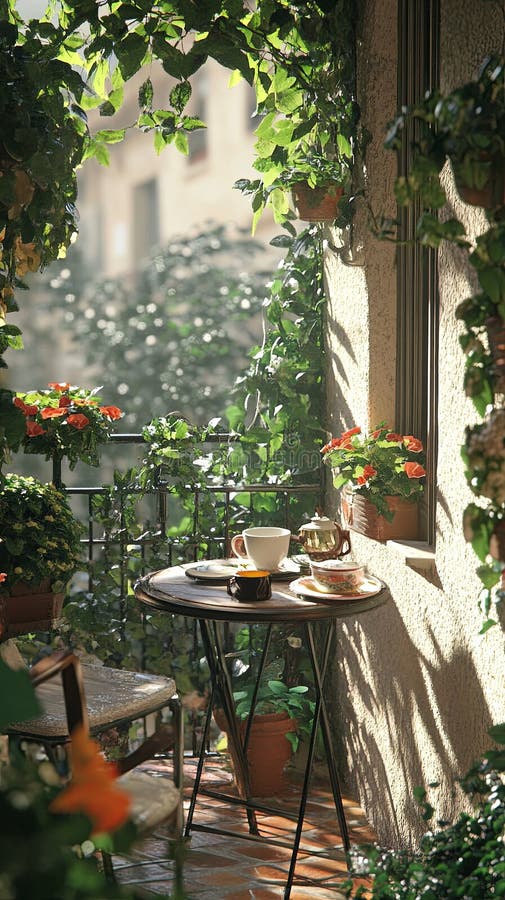 A Charming Balcony with Potted Plants, a Small Table, and a Cup of Tea ...